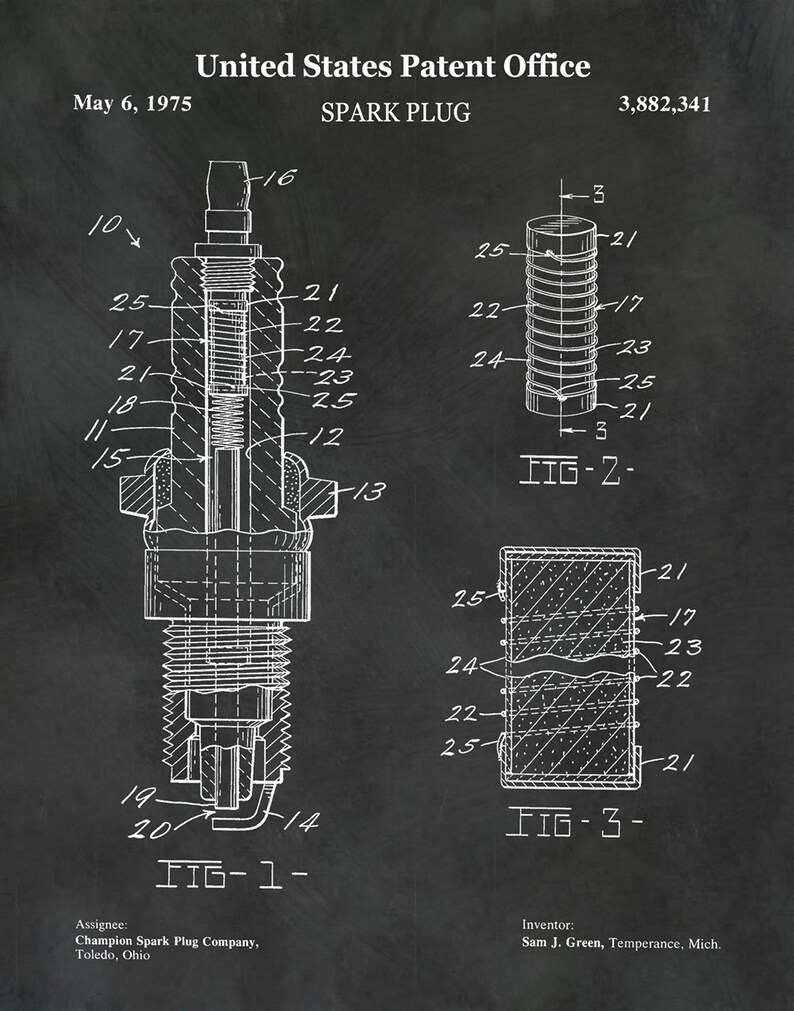 1975 Spark Plug Patent Print Spark Plug Blueprint Spark Plug - Etsy