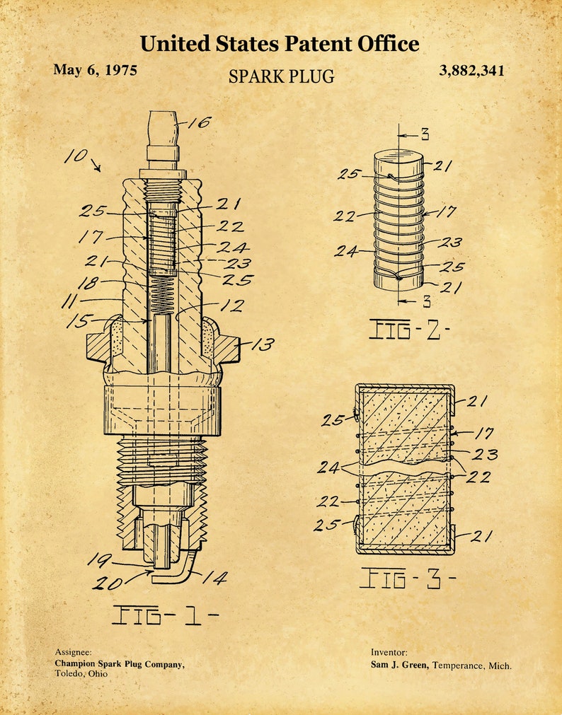 1975 Spark Plug Patent Print, Spark Plug Blueprint, Spark Plug Drawing ...