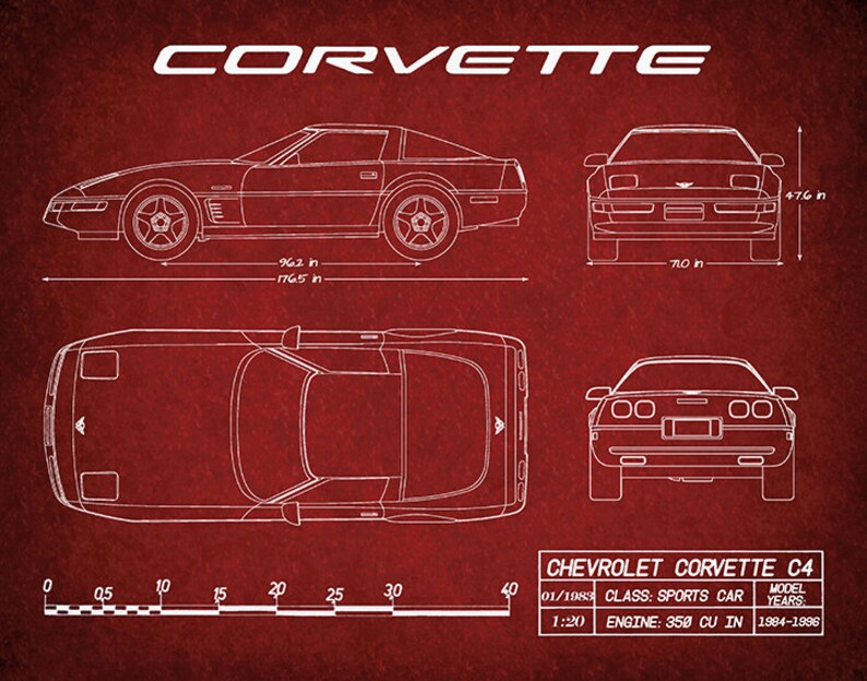Corvette C4 Drawing Chevy Corvette C4 Poster Chevrolet | Etsy