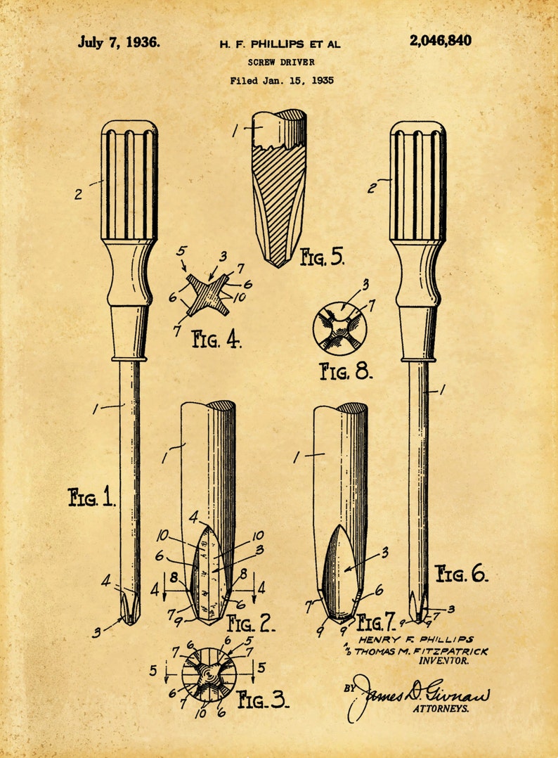 1936 Phillips Screwdriver Patent Print Screwdriver Poster | Etsy