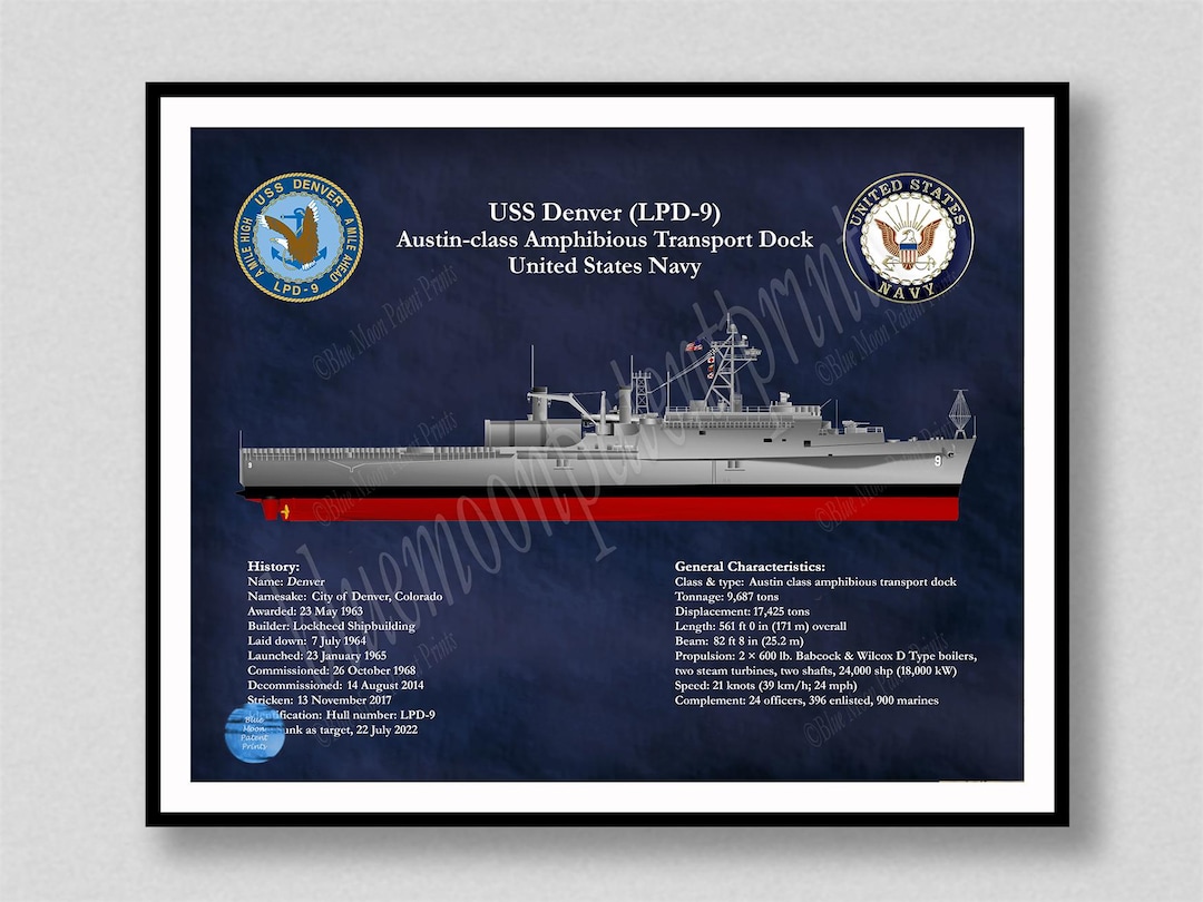 USS Denver LPD-9 Wall Art Austin Class Transport Dock Blueprint, USS ...