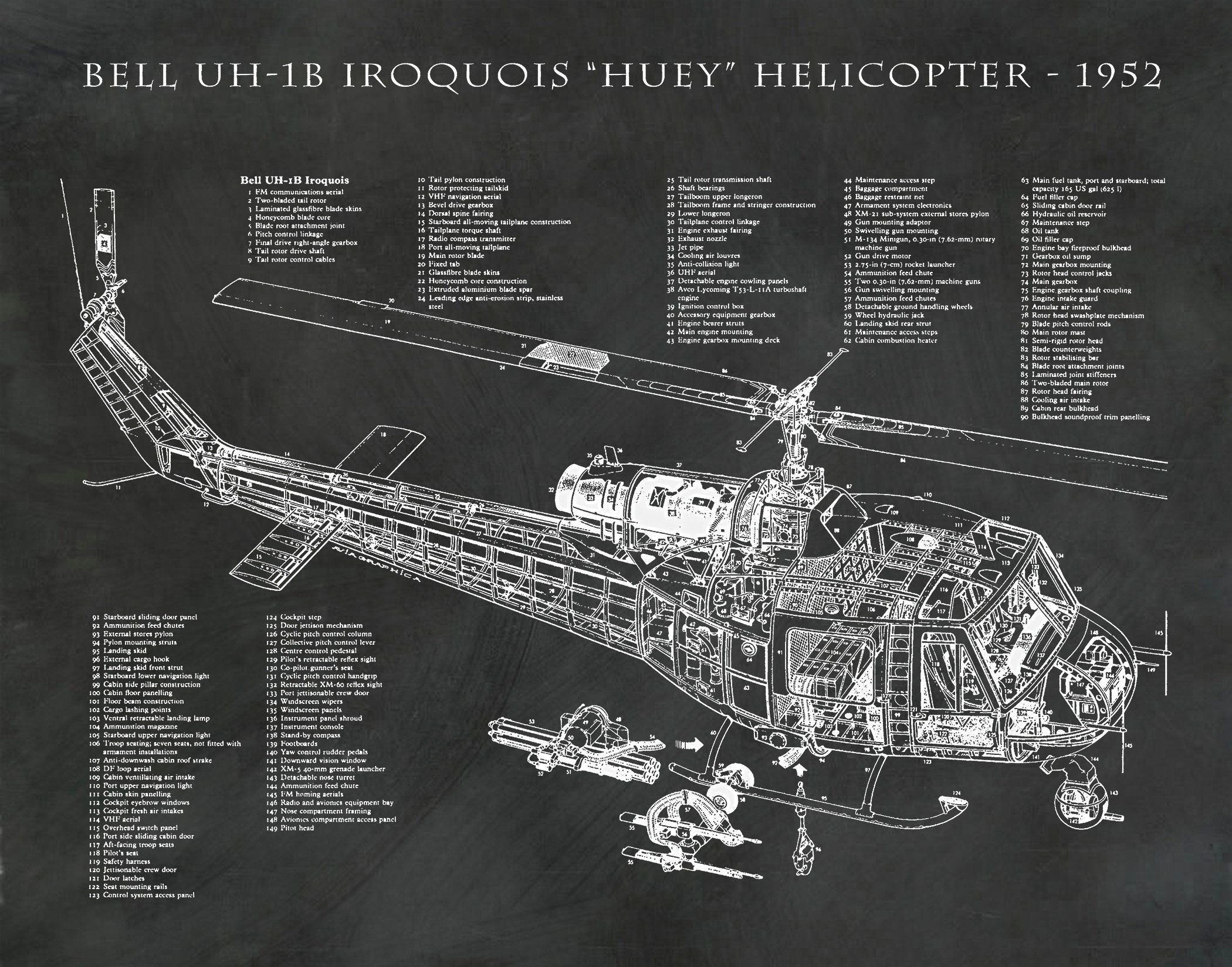 Bell UH-1B Iroquois Military Helicopter Engineering Drawing - Huey ...