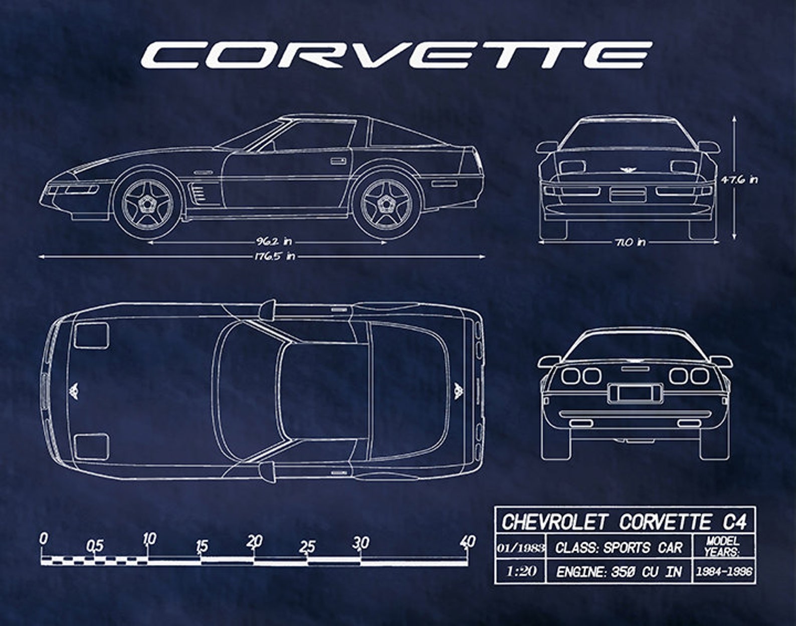 Corvette C4 Drawing Chevy Corvette C4 Poster Chevrolet | Etsy