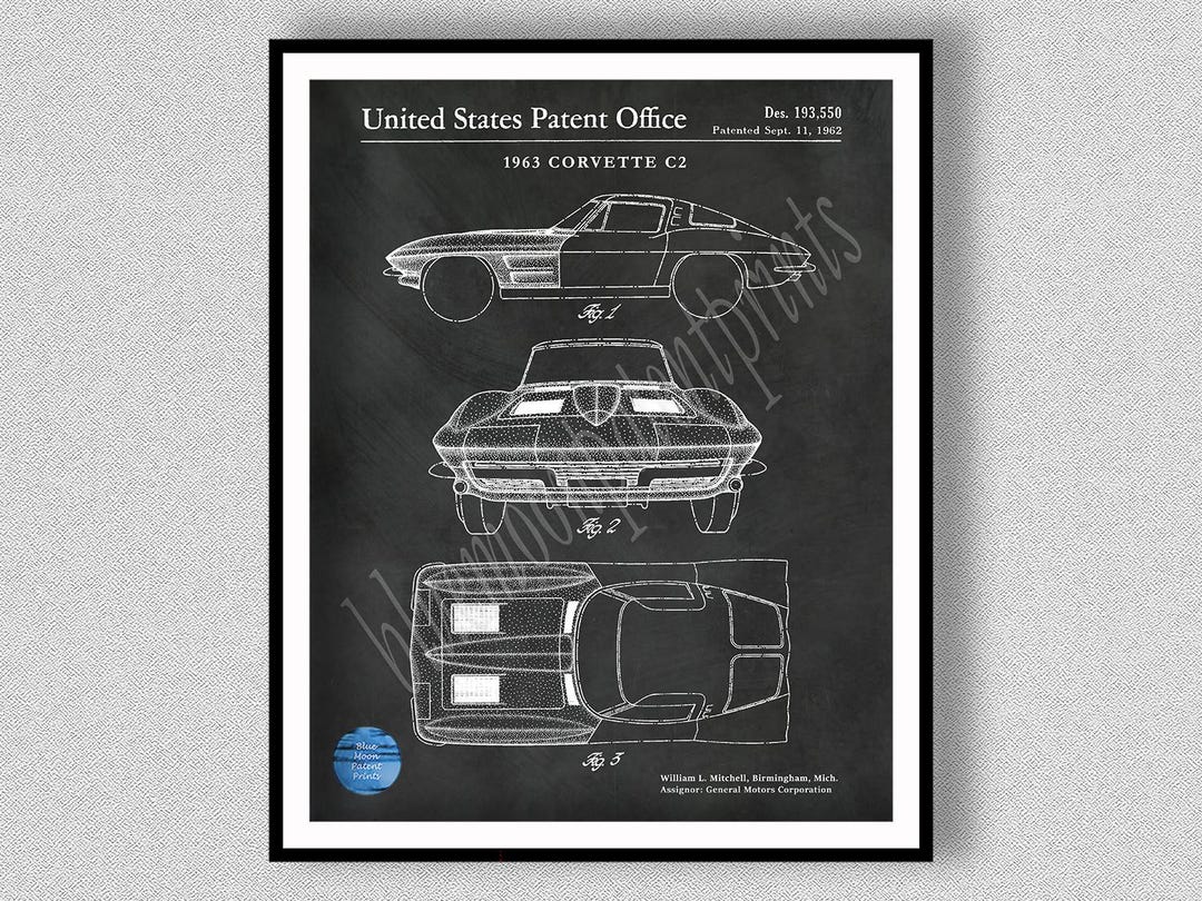 1963 Corvette C2 Patent Print, Chevy Corvette Stingray C2 Poster ...