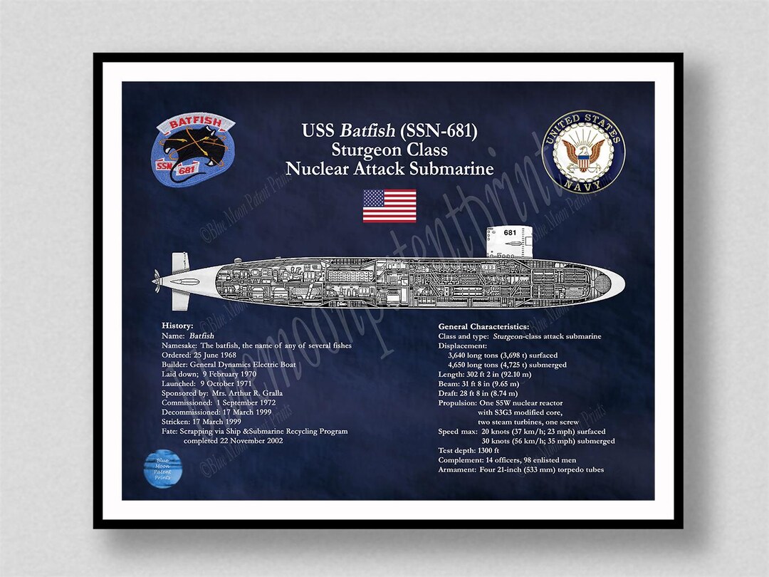 USS Batfish SSN-681 Submarine Blueprint, Sturgeon Class Nuclear Fast ...