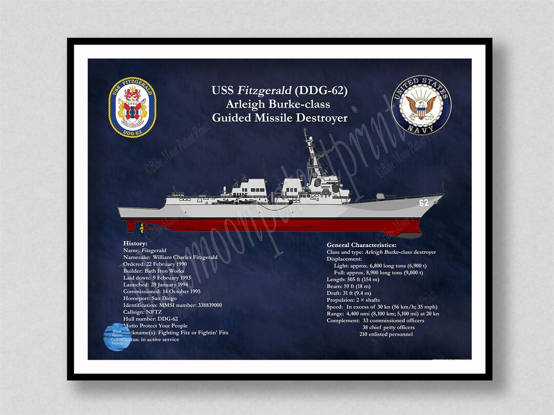 USS Fitzgerald DDG-62 Drawing, Arleigh Burke Class Guided Missile ...