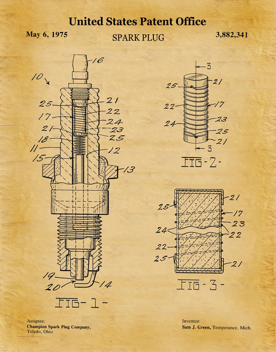1975 Spark Plug Patent Print Spark Plug Blueprint Spark Plug | Etsy