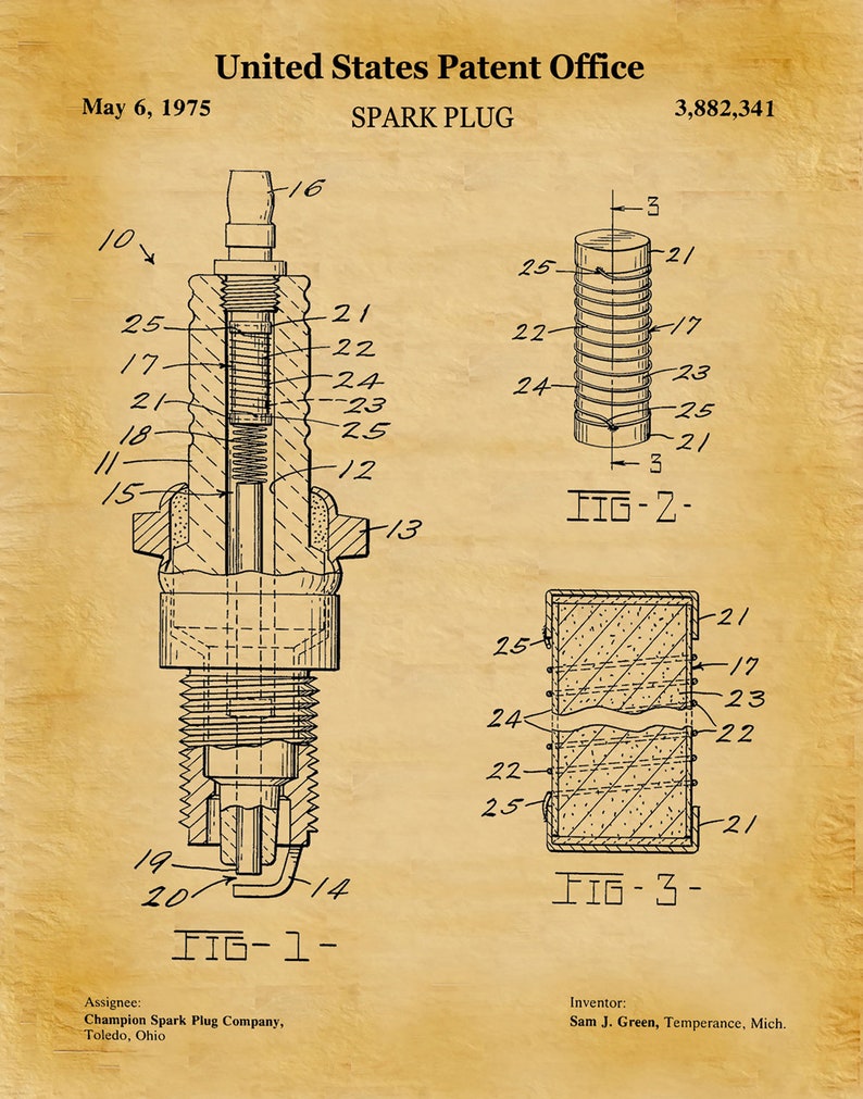 1975 Spark Plug Patent Print Spark Plug Blueprint Spark Plug - Etsy