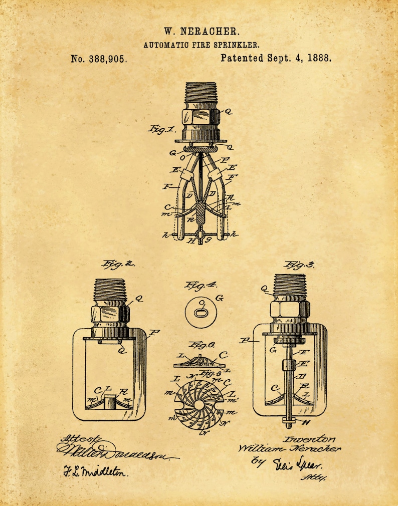 1888 Fire Sprinkler Patent Print, Fire Sprinkler Poster, Firehouse ...