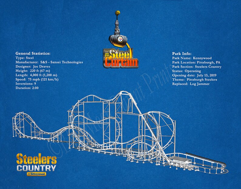 Steel Curtain Roller Coaster Drawing Kennywood Roller Coaster | Etsy