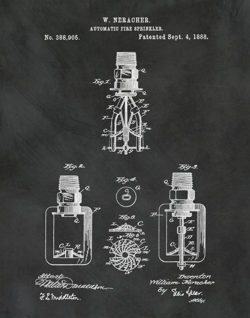 1888 Fire Sprinkler Patent Print, Fire Sprinkler Poster, Firehouse ...