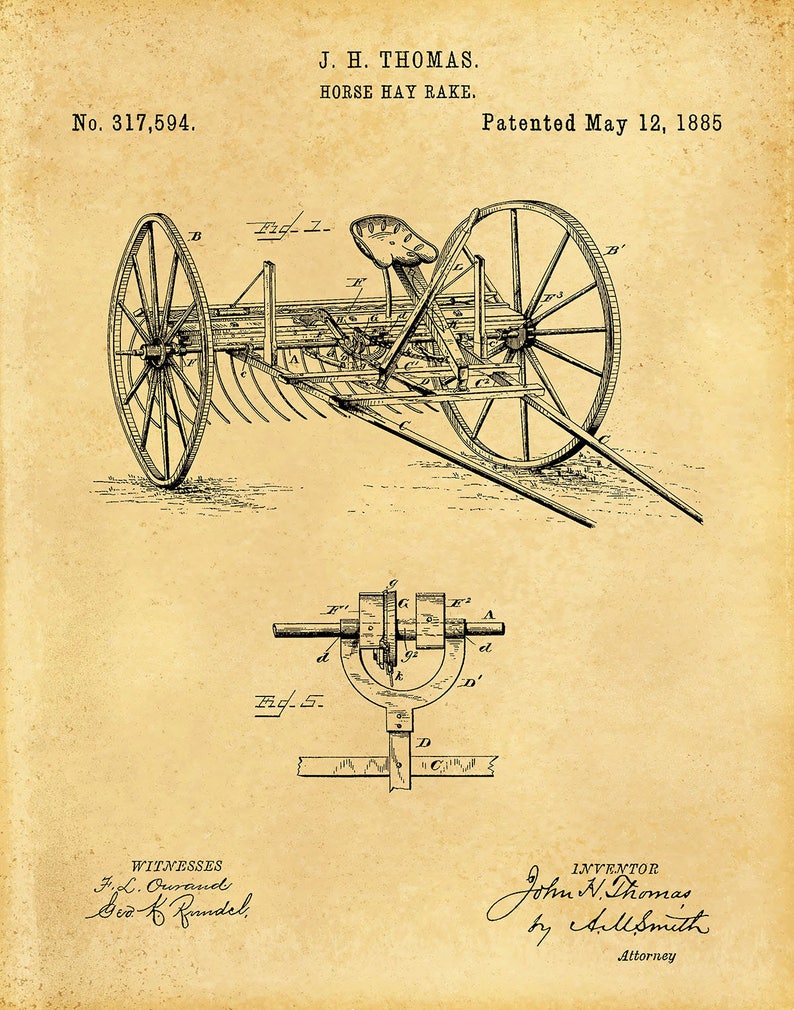 Patent 1885 Hay Rake Patent Print Agriculture Wall Art - Etsy