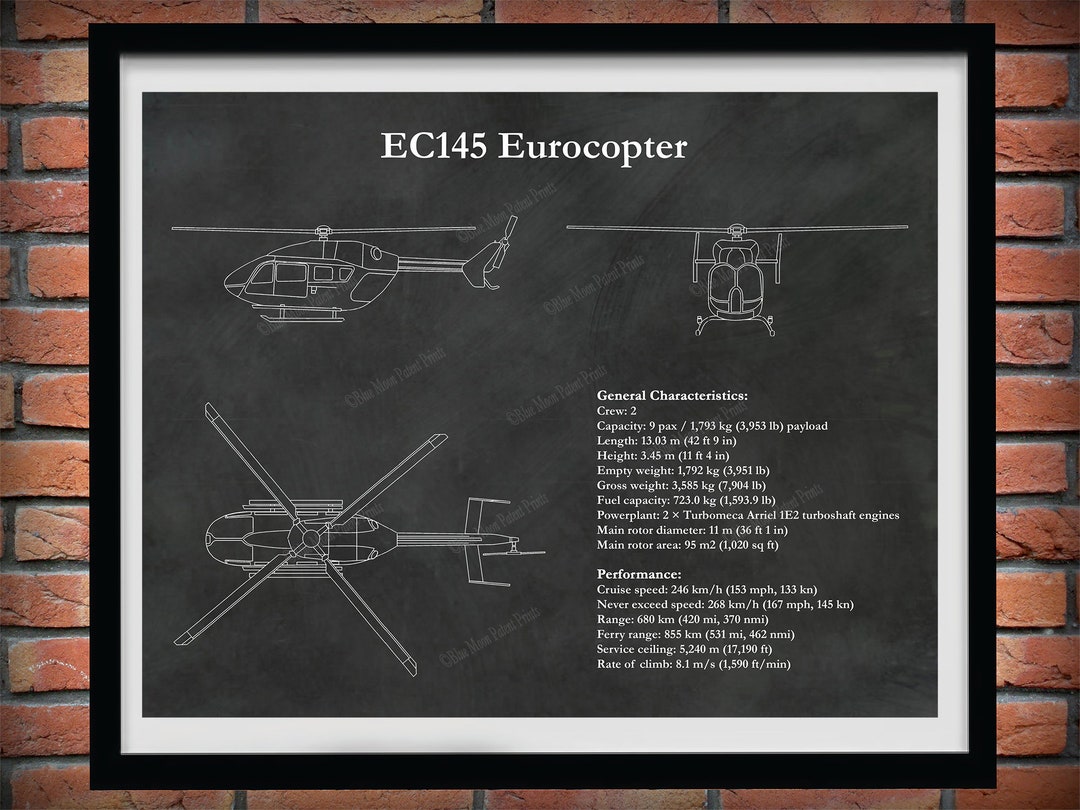 EC145 Eurocopter Print, EC-145 Helicopter Blueprint, Helicopter Pilot ...