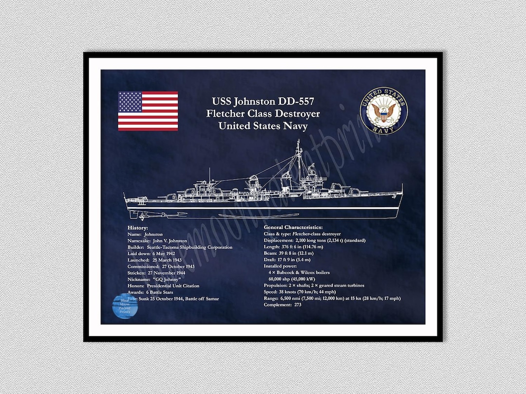 USS Johnston DD-557 Destroyer Art Print, Fletcher Class Destroyer Wall ...