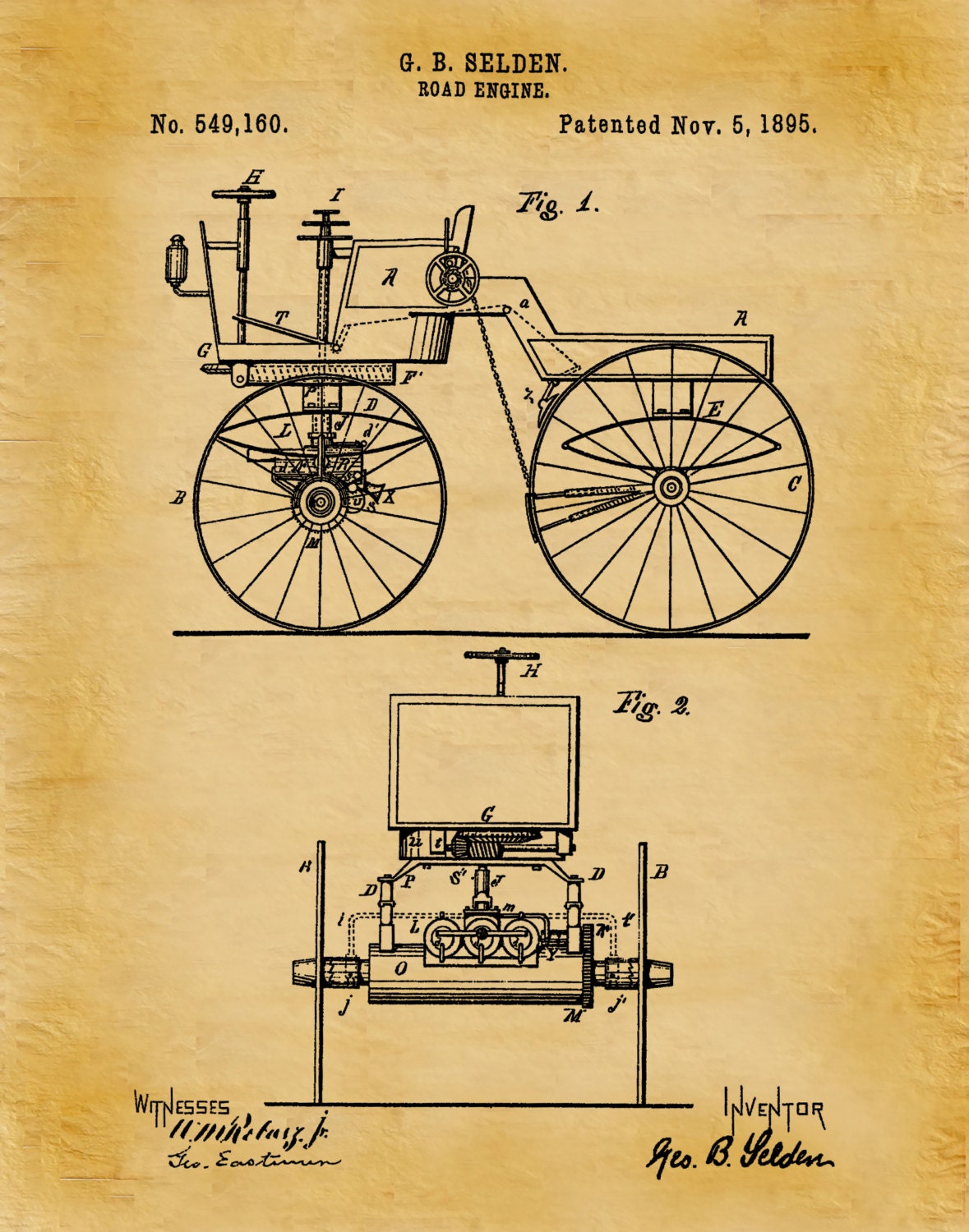 1895 Automobile Patent Print - 1st US Automobile Patent Invented by ...
