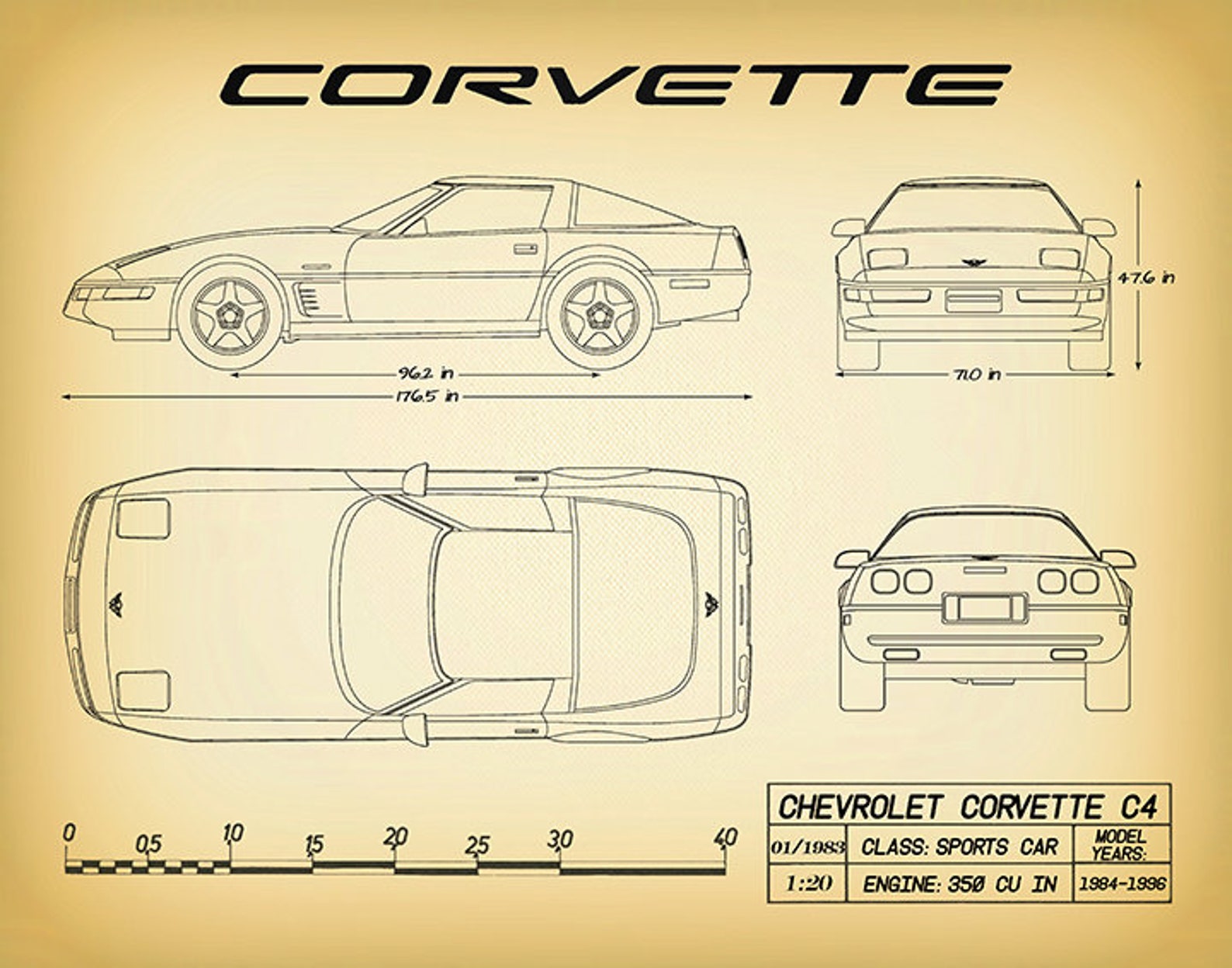 Corvette C4 Drawing Chevy Corvette C4 Poster Chevrolet | Etsy