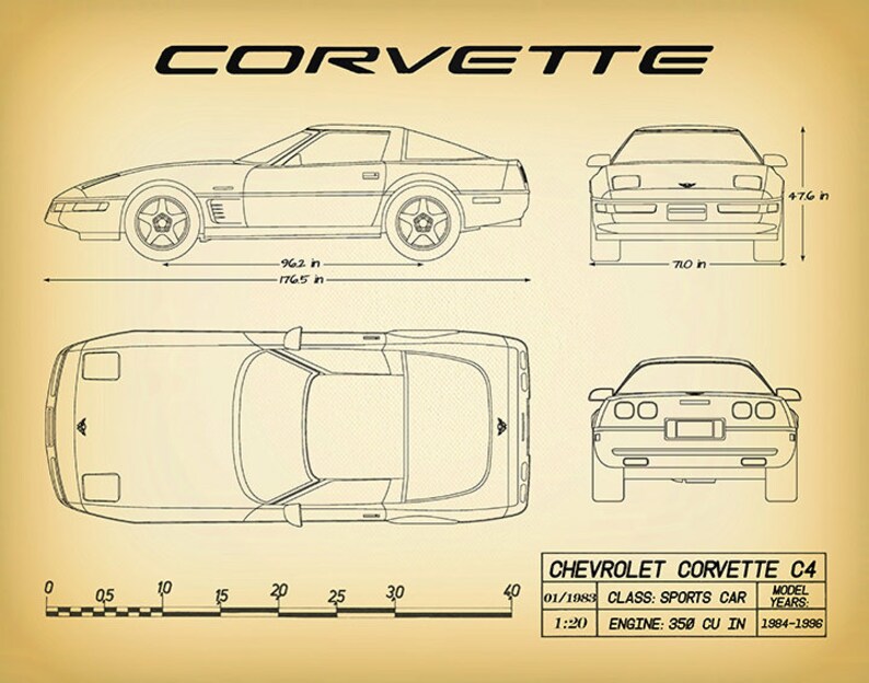Corvette C4 Drawing Chevy Corvette C4 Poster Chevrolet | Etsy