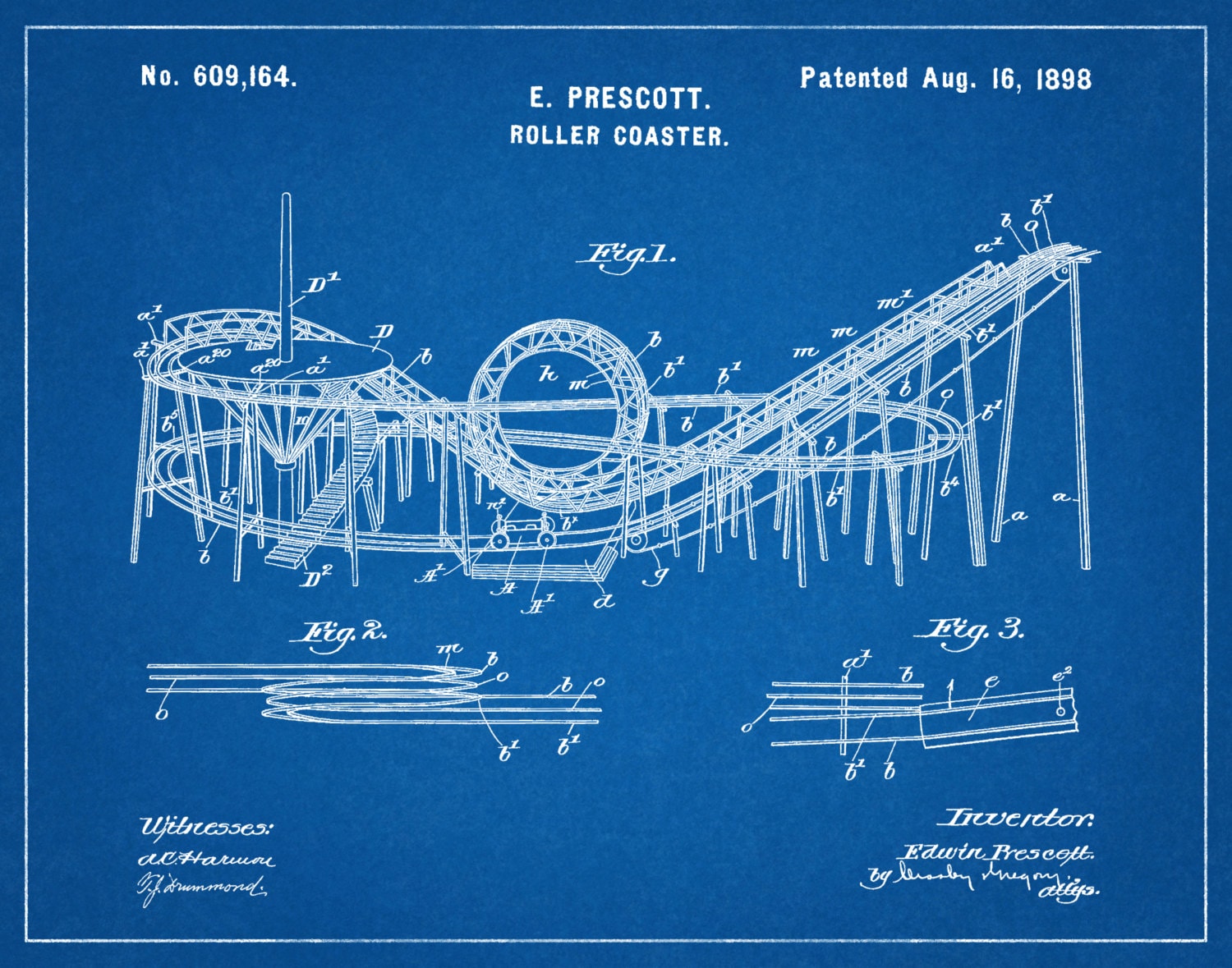 1898 Roller Coaster Patent Print - Rollercoaster Blueprint - Thrill ...