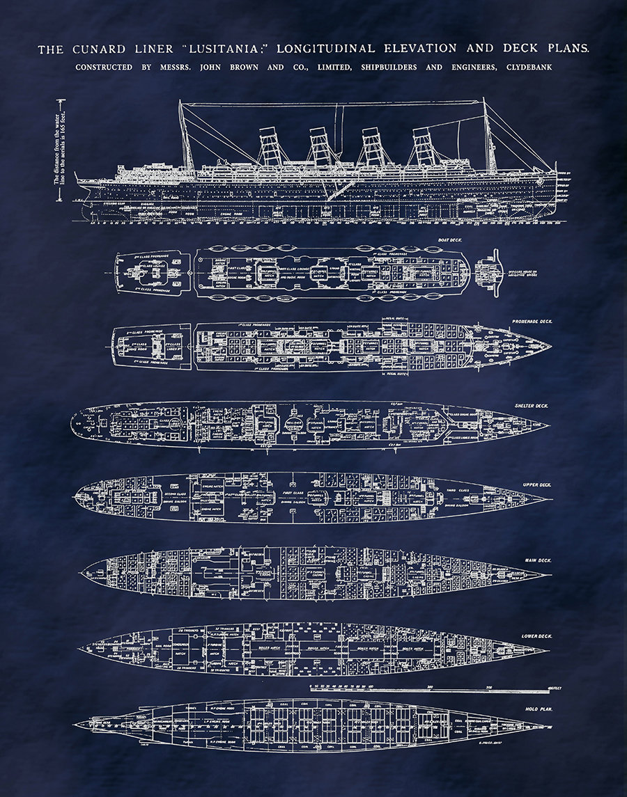 R.M.S. Lusitania Poster - Lusitania Ship Print - Lusitania Blueprint ...