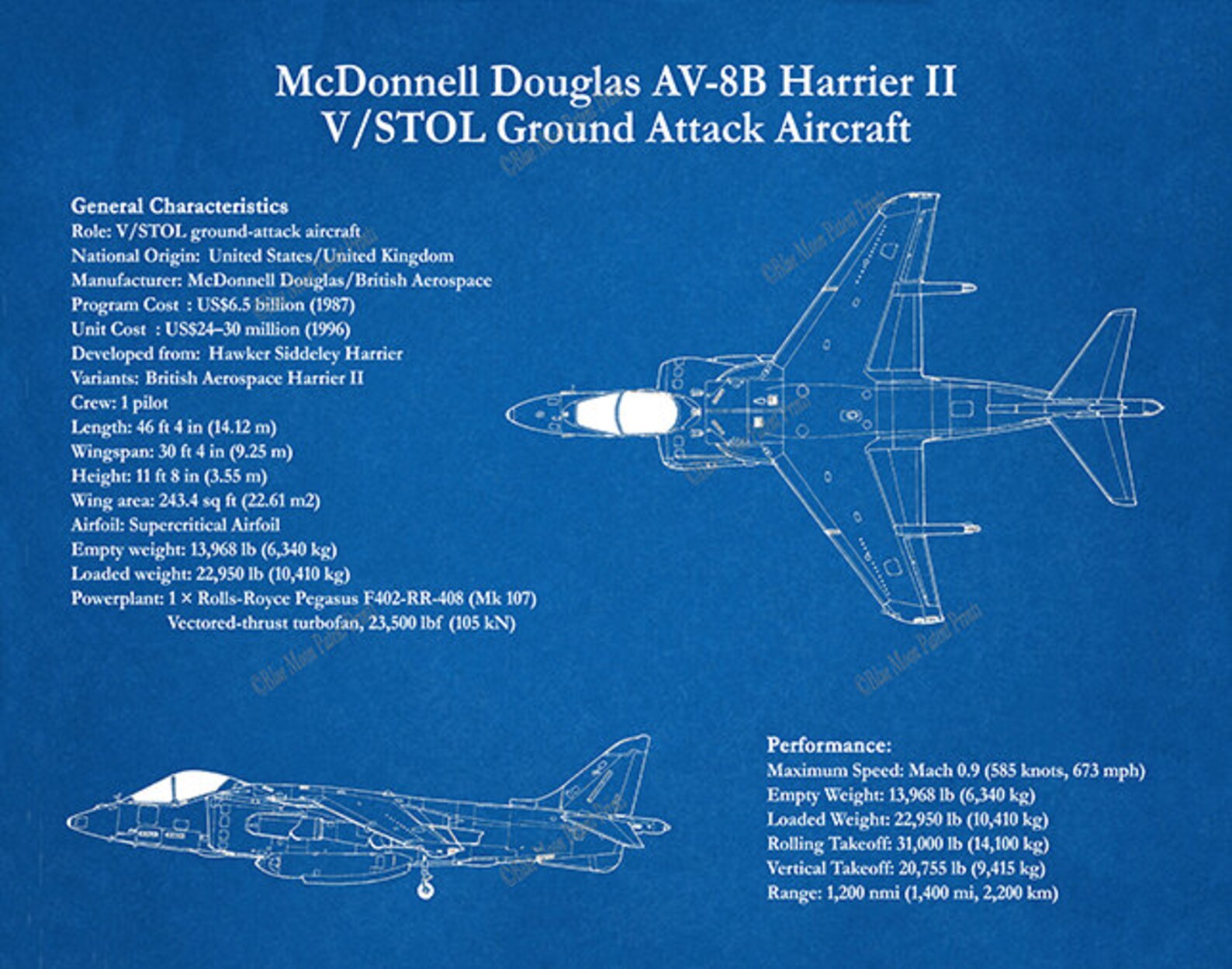 AV-8B Harrier II Blueprint, Mcdonnell Douglas AV-8B V/stol Ground ...