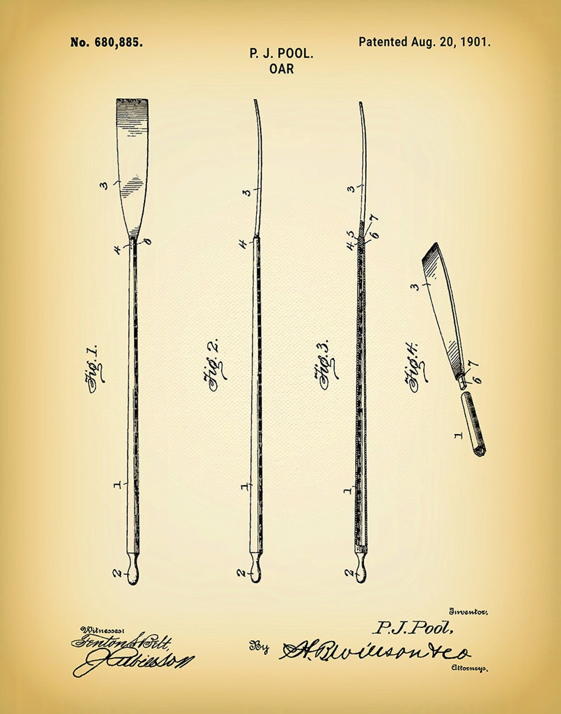 1901 Oar Patent Print, Oar Blueprint, Nautical Décor, Rowing Oar Poster ...