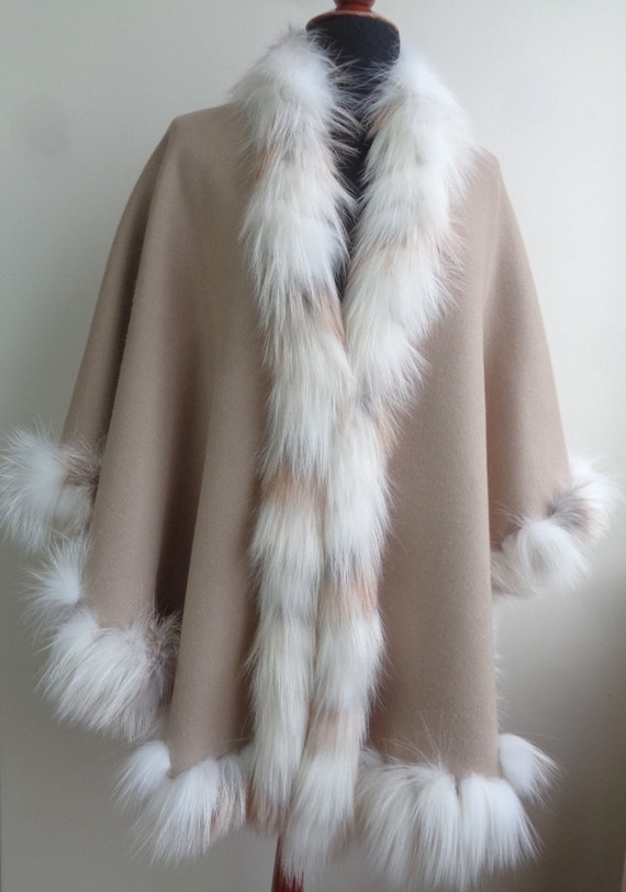 Brand New Beige/White Wool & Fox Fur Reversible Cape Shawl | Etsy