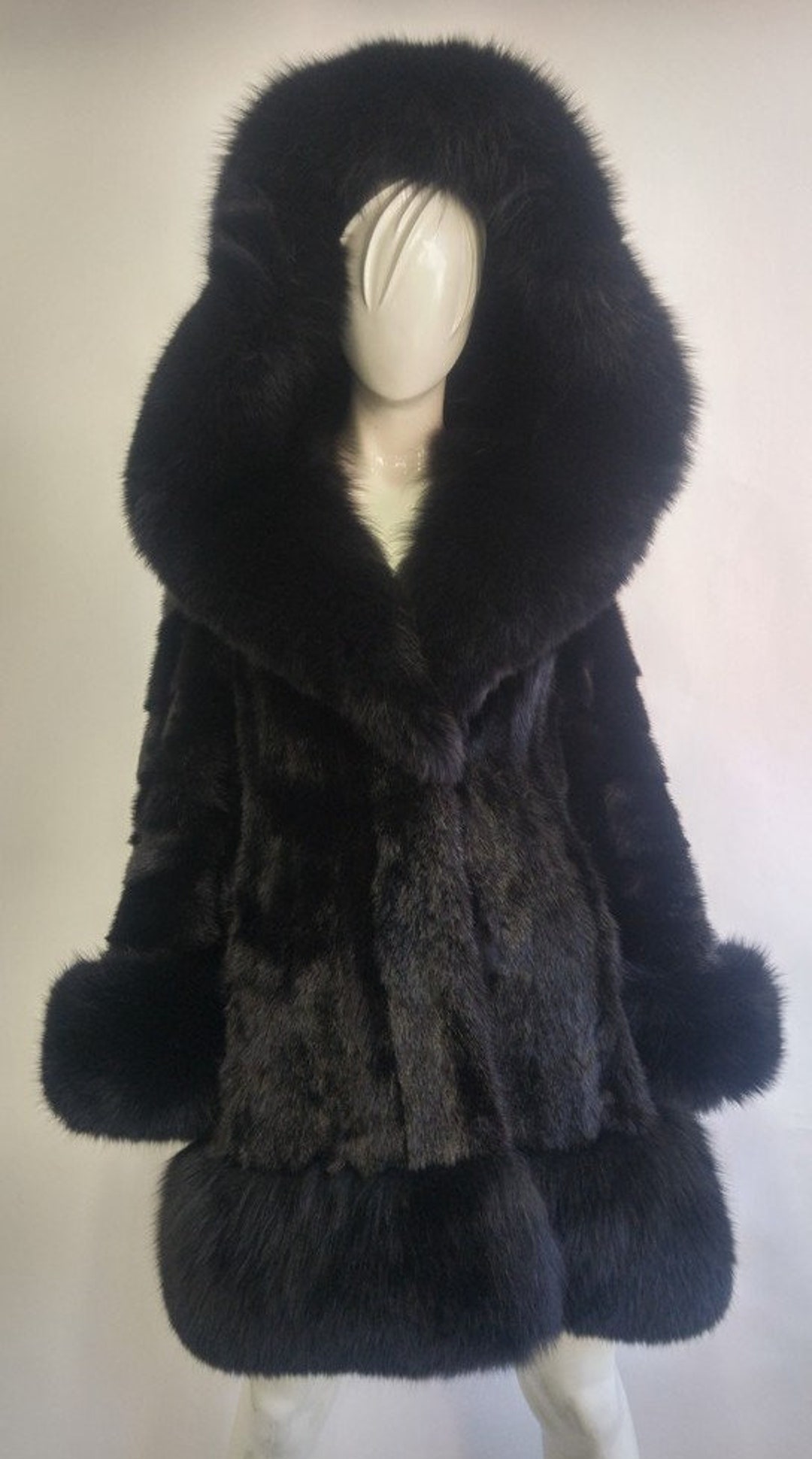 Refurbished New Black Mink & Fox Fur Jacket Coat W/ Hood Woman Women ...