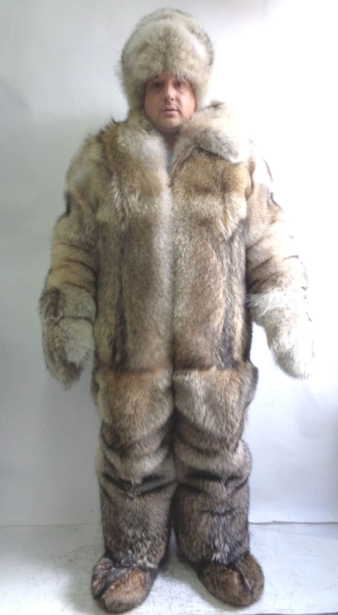 Brand New Natural Coyote Double Sided Fur Snowsuit Shorts Hat Mittens ...