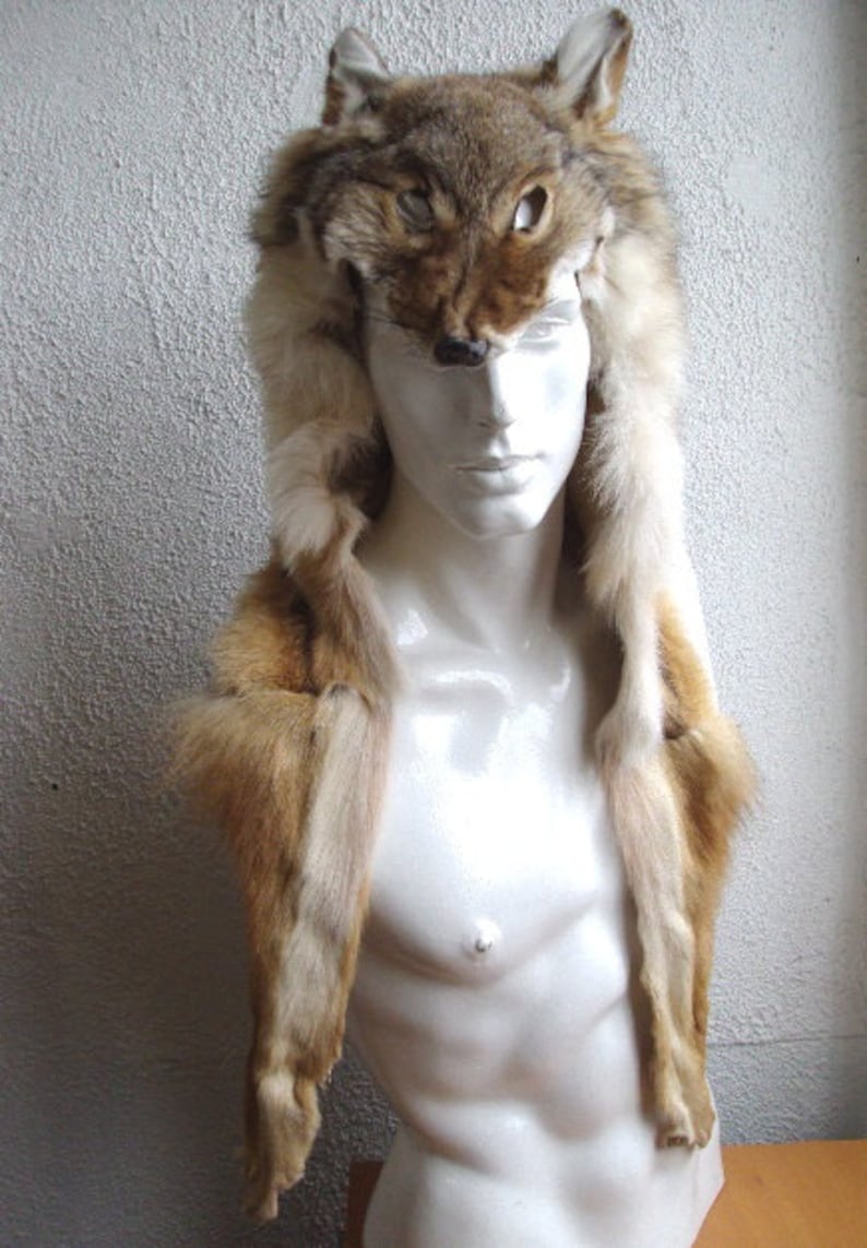 Brand New Natural Coyote Head & Tail Fur Hood Hat Men Man One Size ...