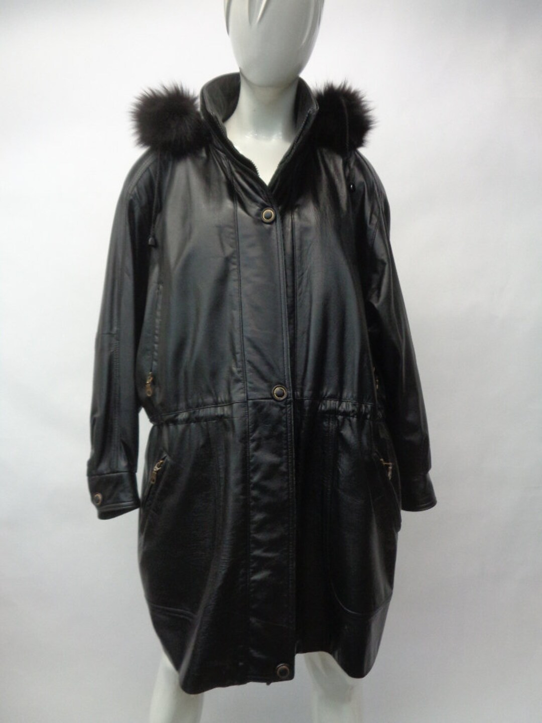 Excellent Black Leather & Rabbit Fur Jacket Coat Women Woman Size 10-12 ...