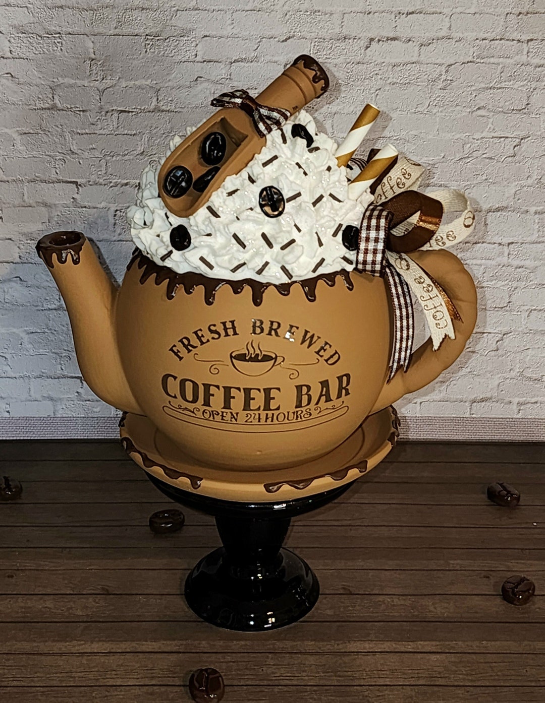 Fresh Brewed Coffee Themed Mini Teapot, Coffee Bar Decor, Tiered Tray ...