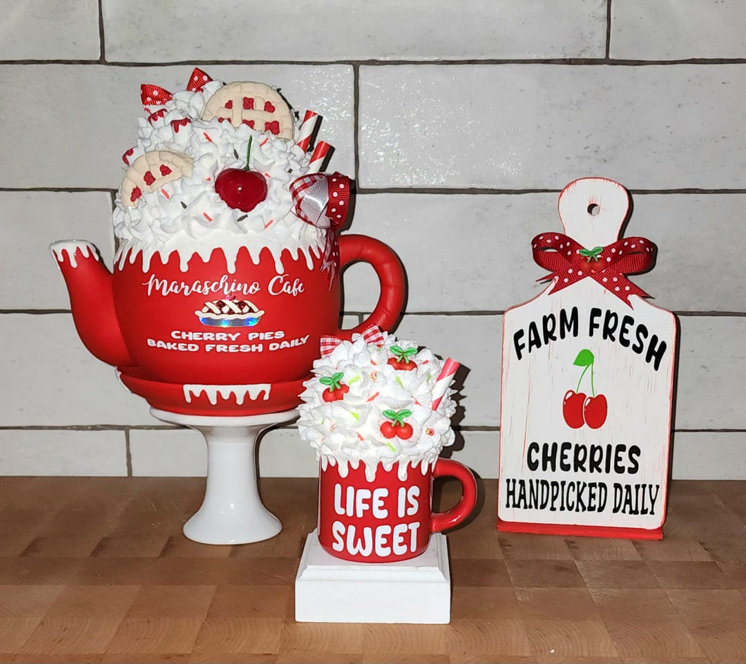 Cherry Tiered Tray Decor Set, Farmhouse Cherry Kitchen Decor, Summer ...