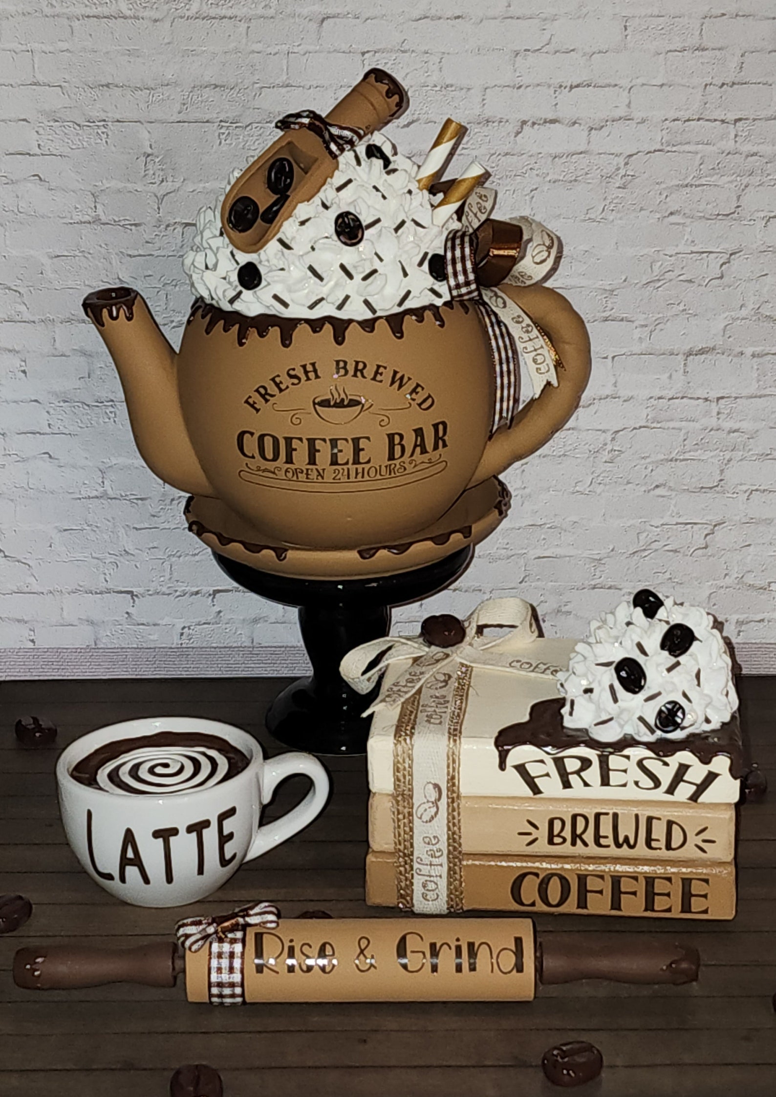 Fresh Brewed Coffee Themed Mini Teapot, Coffee Bar Decor, Tiered Tray ...