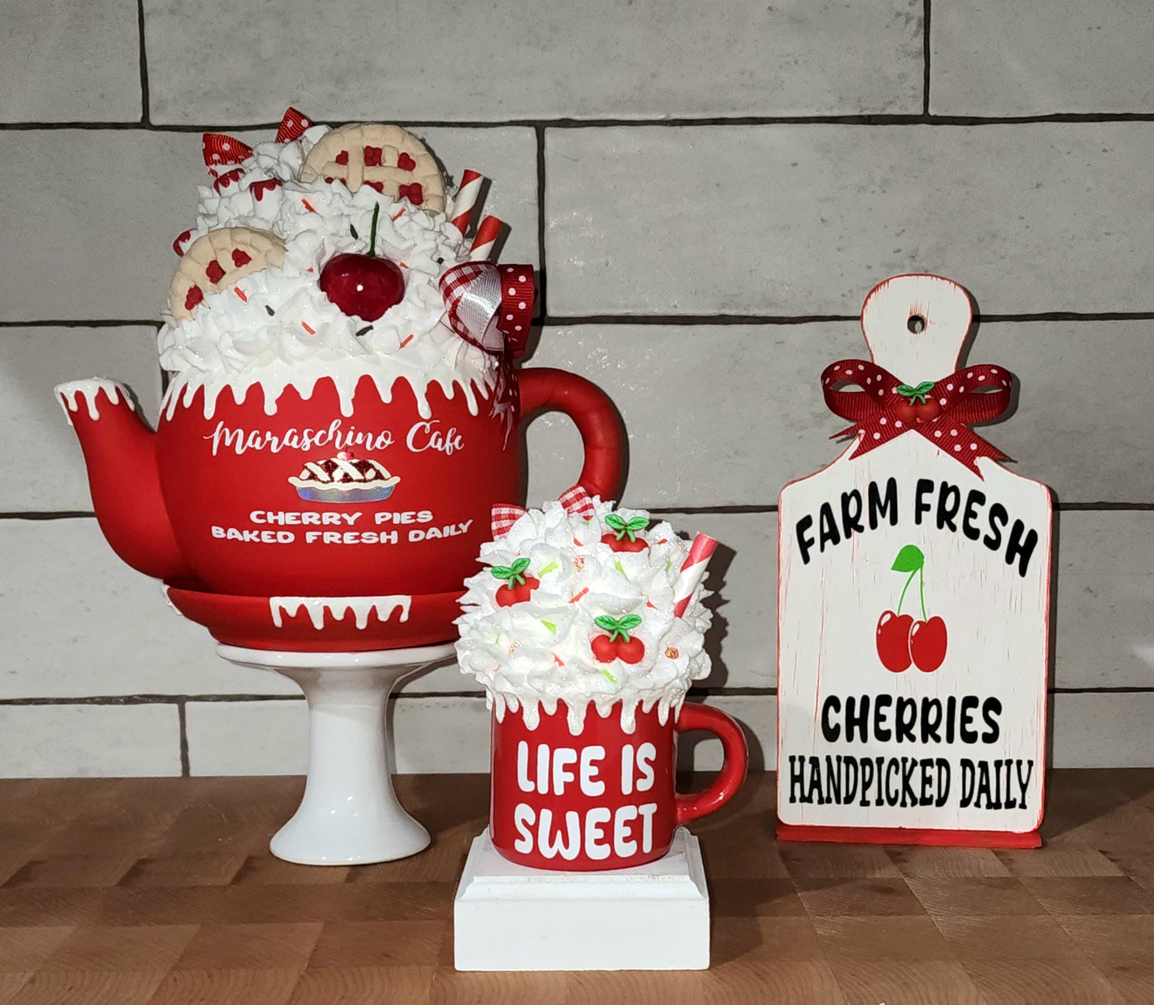 Cherry Tiered Tray Decor Set, Farmhouse Cherry Kitchen Decor, Summer ...