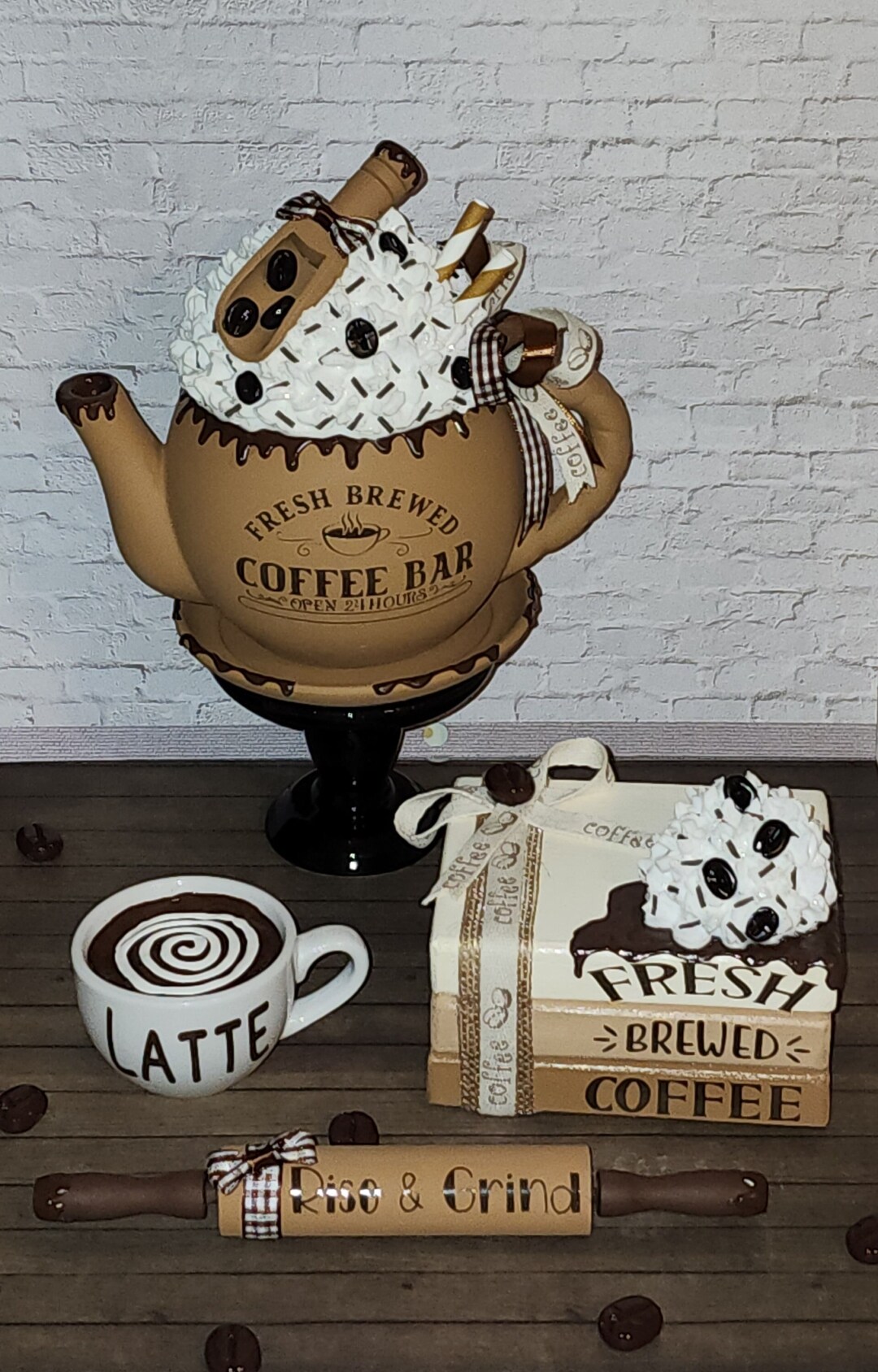 Fresh Brewed Coffee Themed Decor Set, Teapot, Mini Mug, Mini Rolling ...