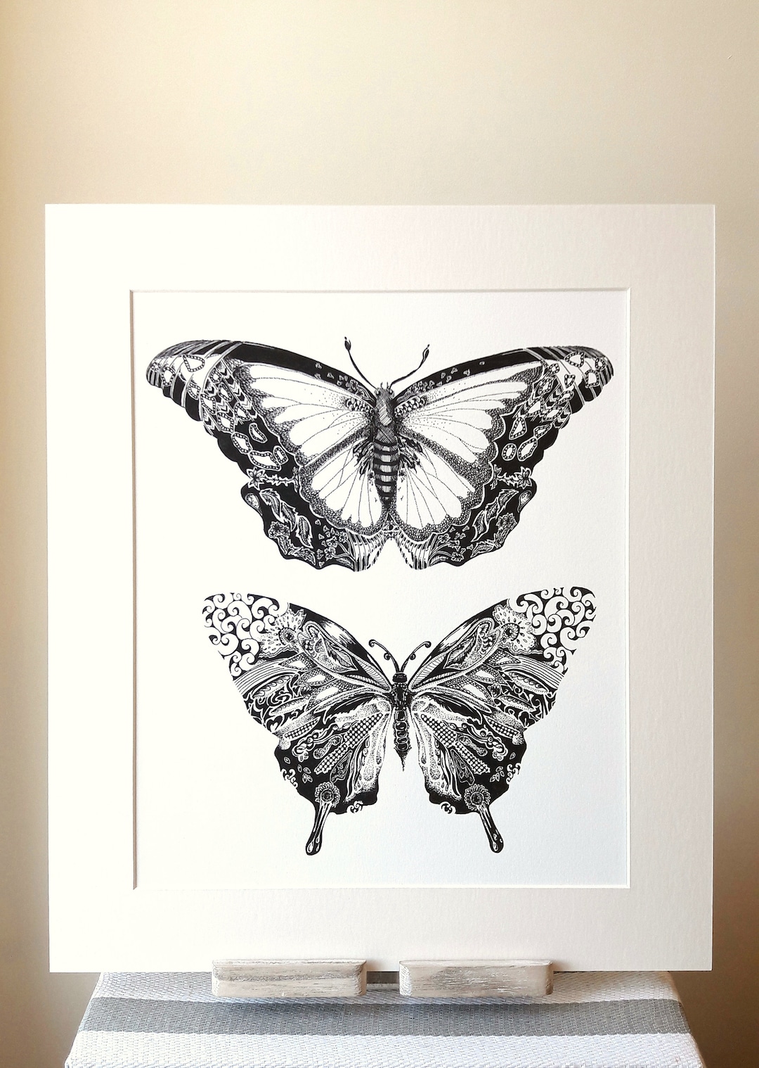 Butterflies, Original Pointillism Black Ink Drawing, Mounted Limited ...