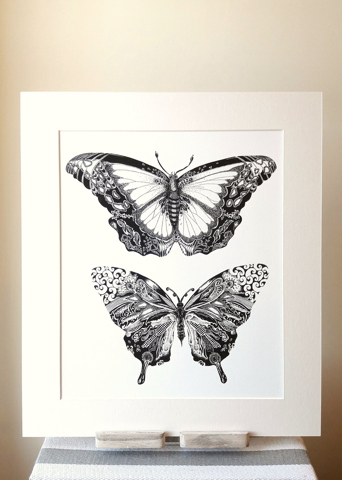Butterflies, Original Pointillism Black Ink Drawing, Mounted Limited ...