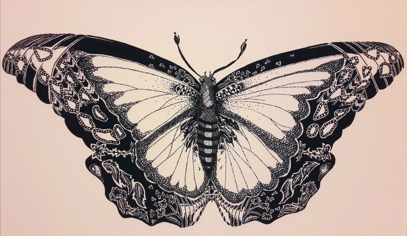 Butterflies, Original Pointillism Black Ink Drawing, Mounted Limited ...