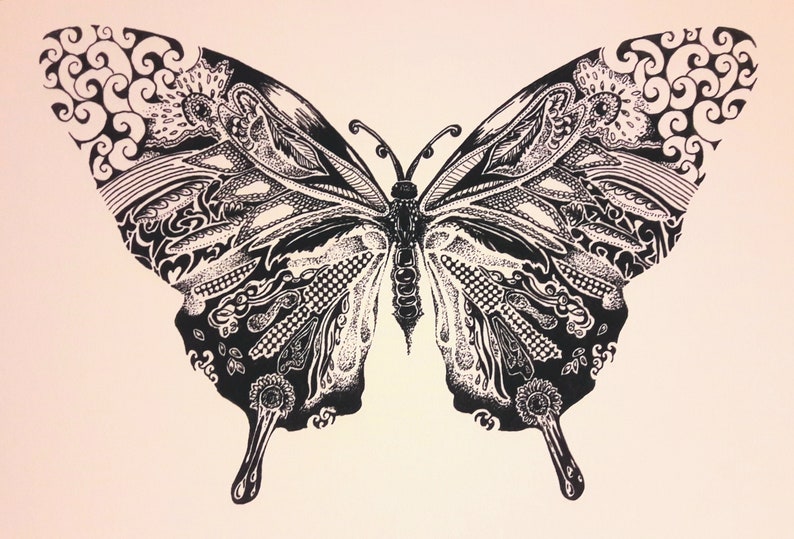Butterflies, Original Pointillism Black Ink Drawing, Mounted Limited ...