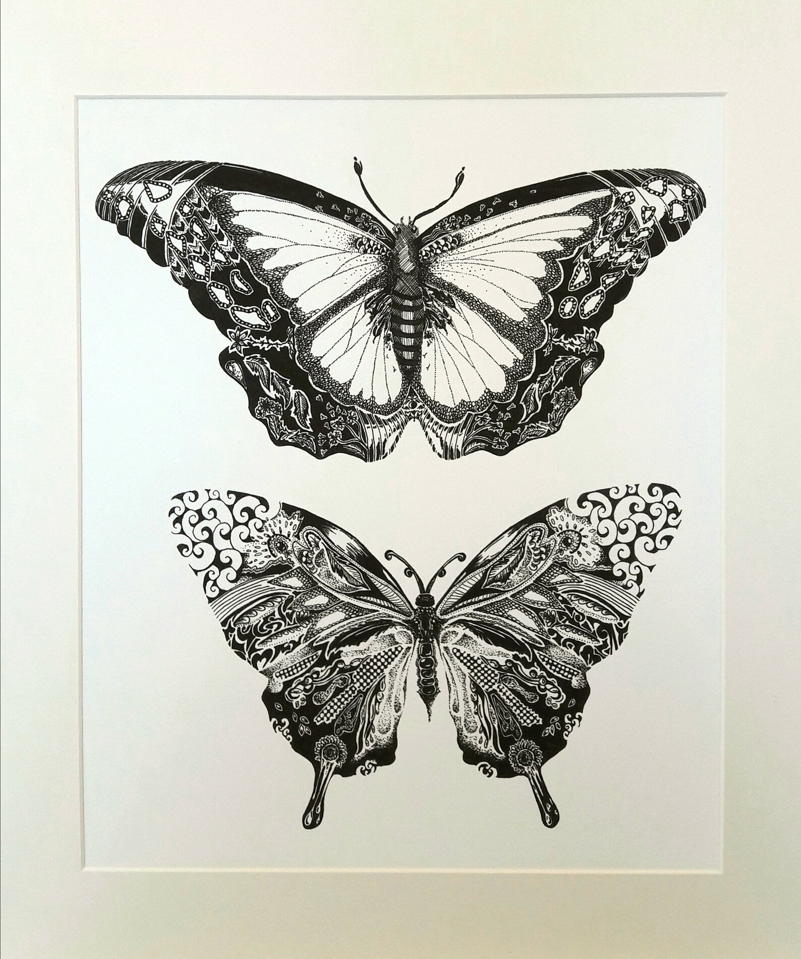 Butterflies, Original Pointillism Black Ink Drawing, Mounted Limited ...