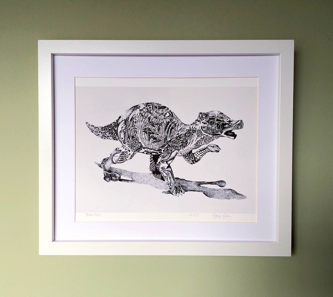 Dinosaur Pointillism Art Print: Zentangle Dino Drawing, Framed Limited ...