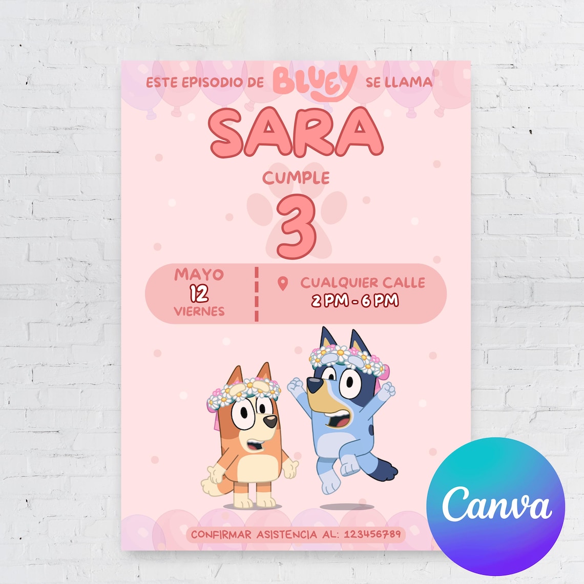 Invitación editable Bluey color rosa Plantilla Canva español - Etsy México