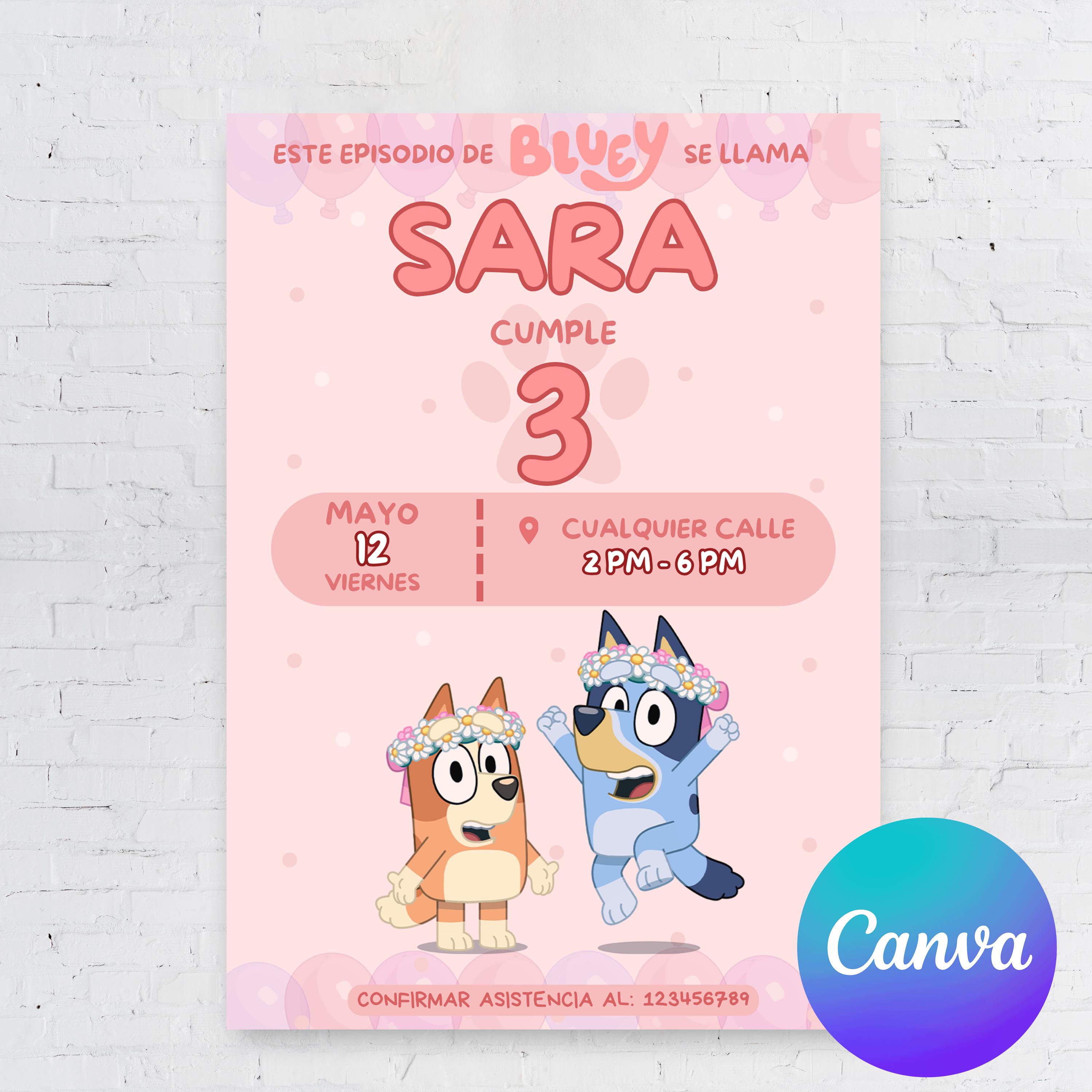 Invitación editable Bluey color rosa Plantilla Canva español - Etsy México