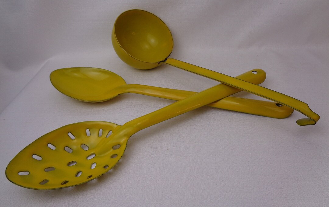 Vintage Yellow Enamelware Ladle, Slotted Spoon and Serving Spoon ...