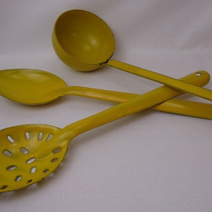 Vintage Yellow Enamelware Ladle, Slotted Spoon and Serving Spoon ...