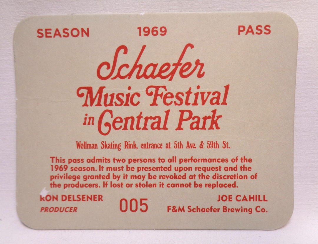Vintage 1969 Schaefer Music Festival in Central Park Season Pass ...