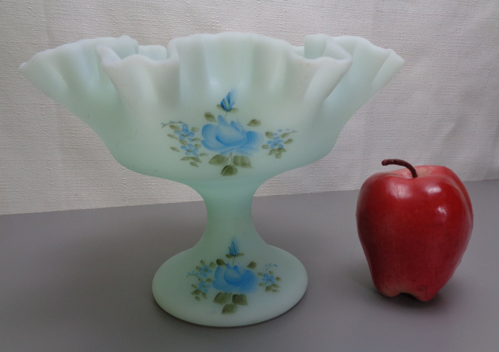 Vintage Fenton Satin Glass Ruffled Compote Blue Rose, Fenton Light Blue ...