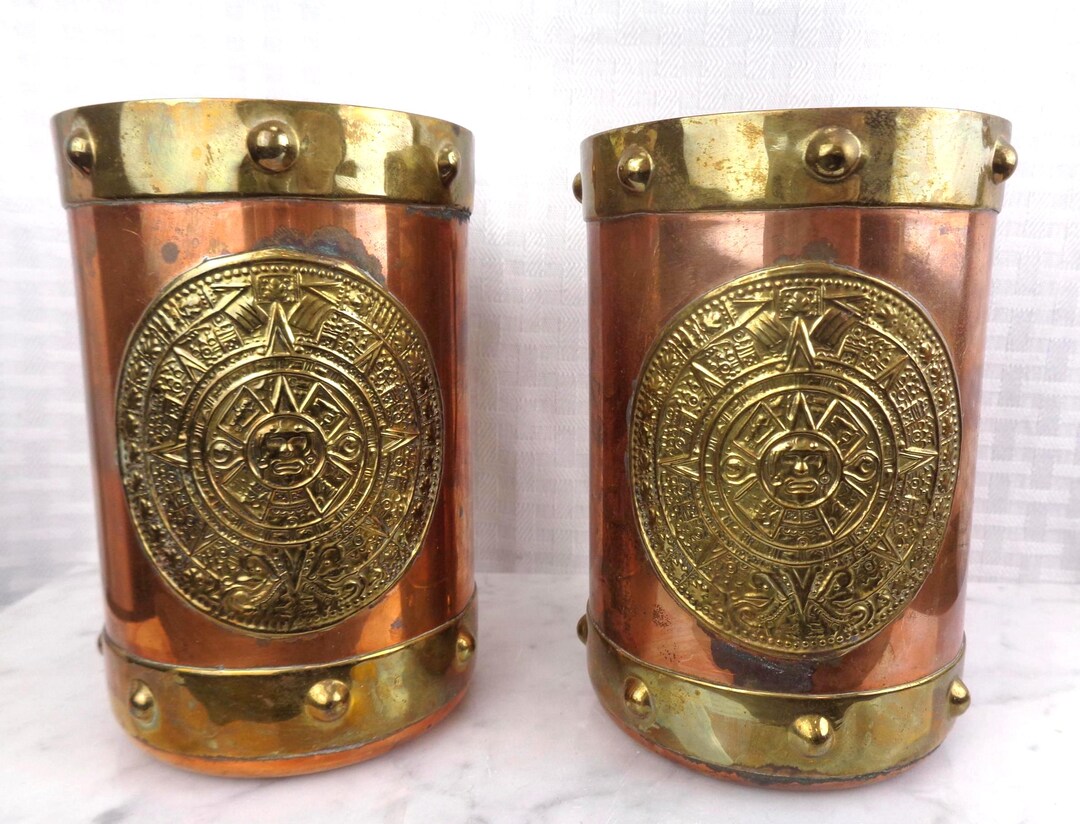 Vintage Copper Mugs With Brass Mayan Calendar, Vintage Copper Brass ...