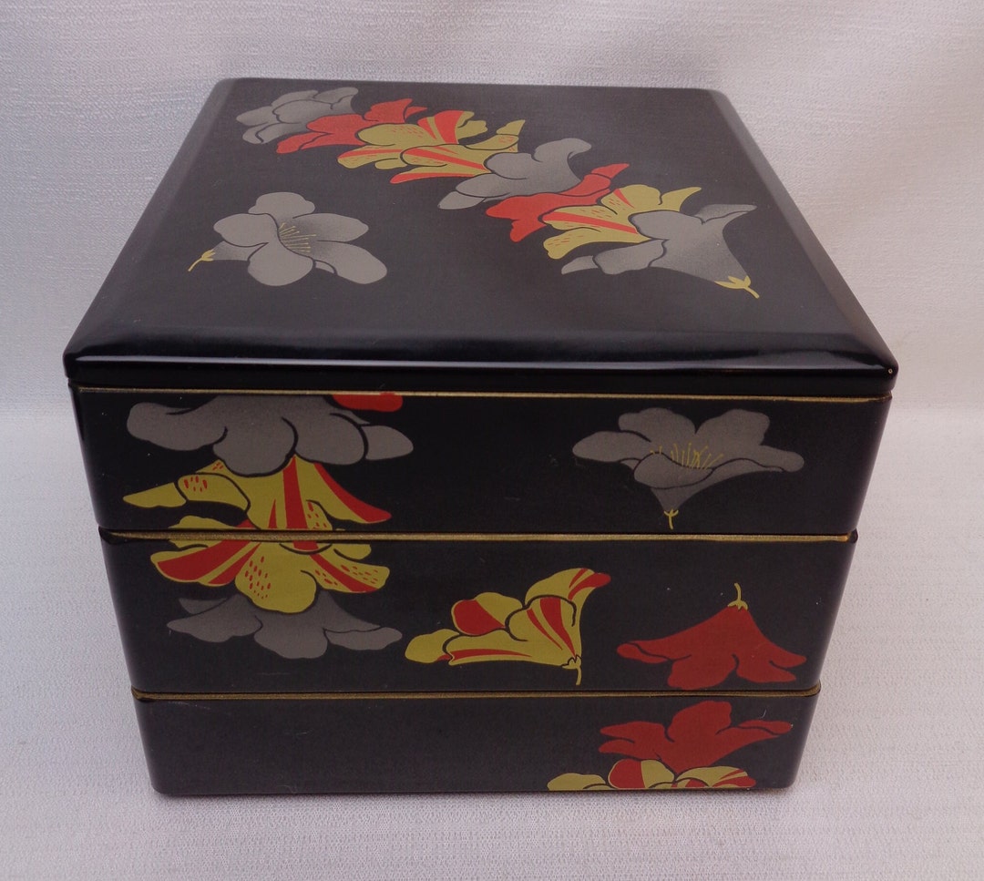 Vintage Japan Lacquer Jewelry Box, 3 Tier Asian Lacquer Trinket Bento ...