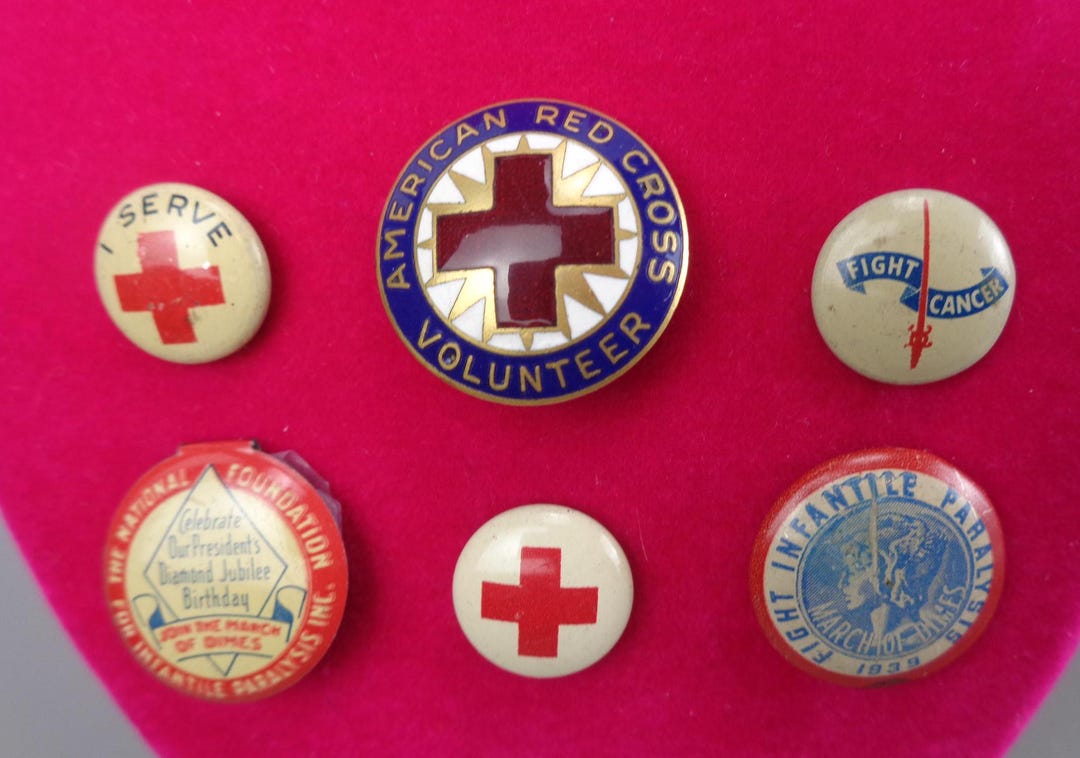 Vintage Brass Enamel American Red Cross Volunteer Pin and Vintage Red ...